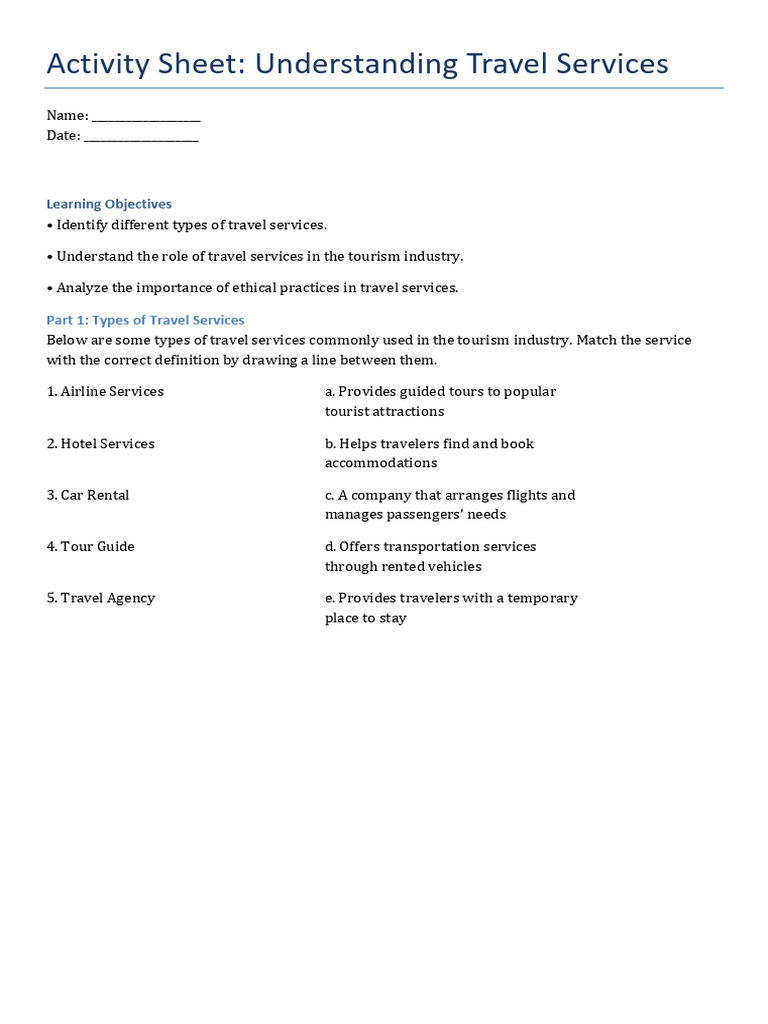 Travel Services Activity Sheet | PDF | Tourism | Travel Agency