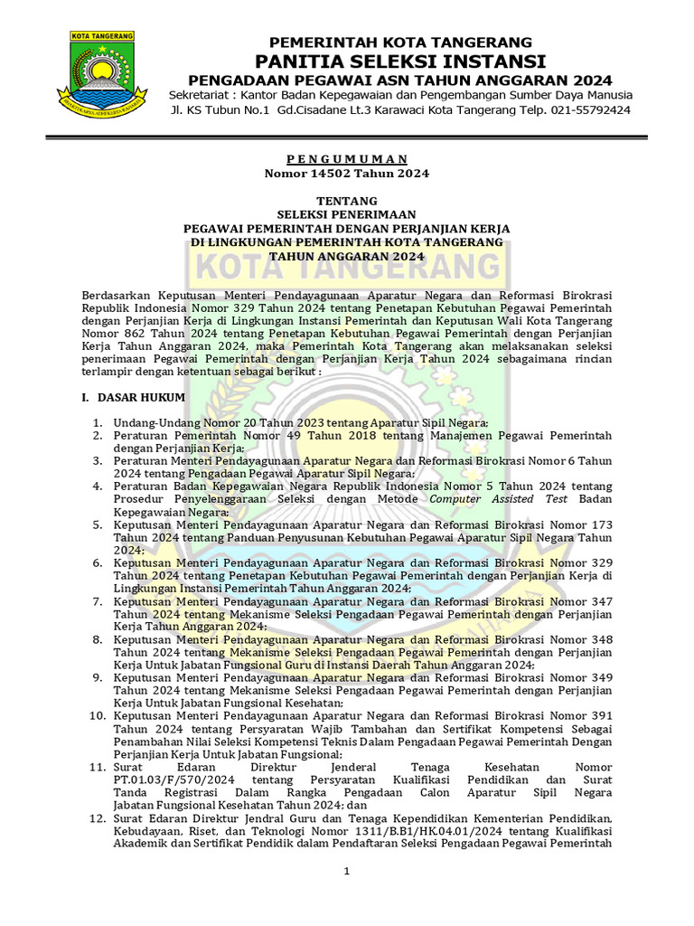 Pengumuman Seleksi Penerimaan PPPK Pemkot Tangerang TA 2024 | PDF