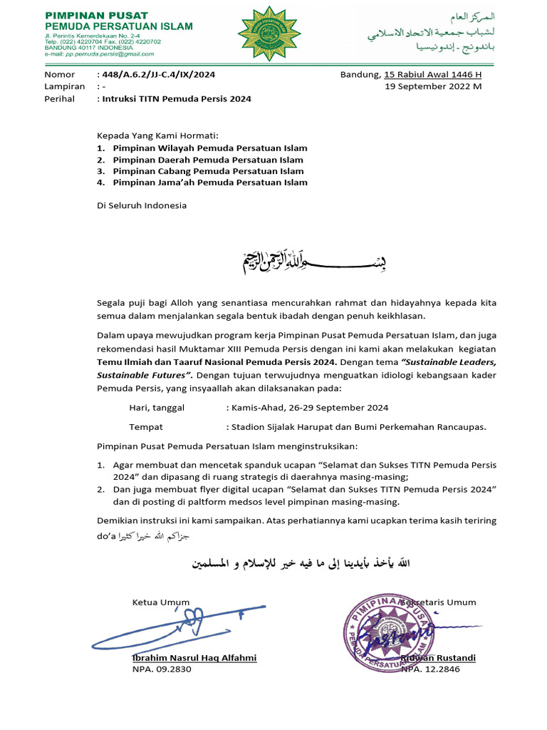 Surat No 448 Surat Instruksi TITN Pemuda Persis Level Pimpinan | PDF