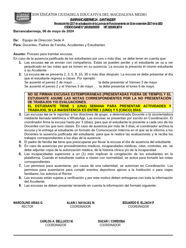 Procedimiento Excusas 2024 | PDF