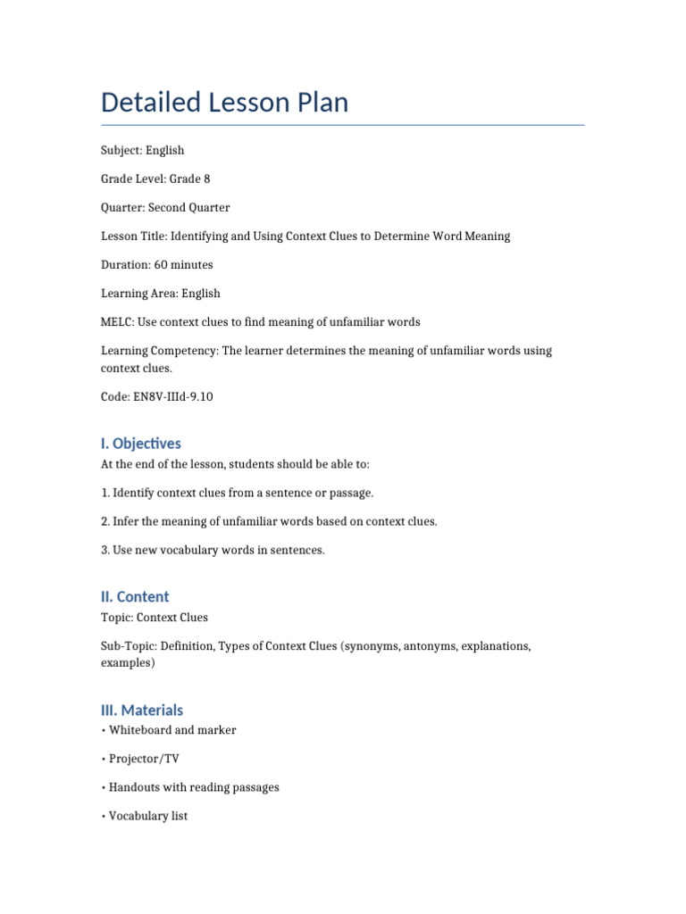 Grade 8 English Lesson Plan | PDF