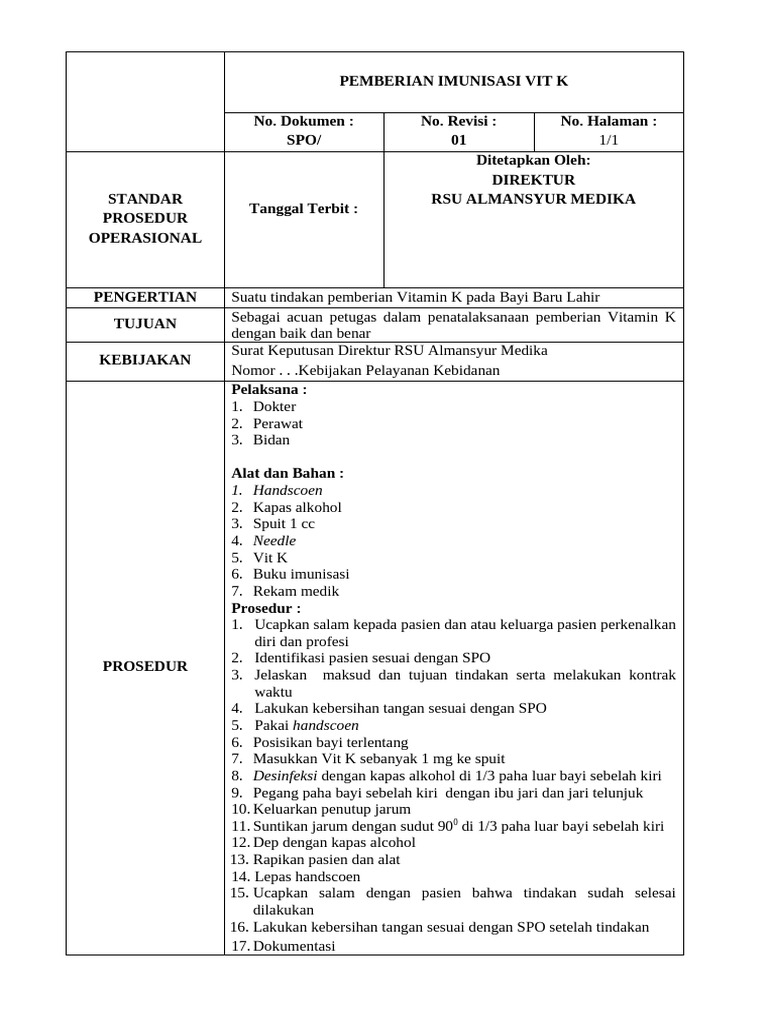 SPO Pemberian Imunisasi Vit K | PDF