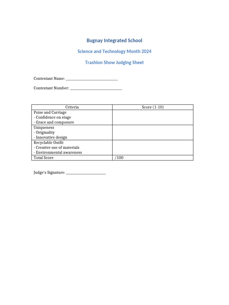 Trashion Show Judging Sheet | PDF
