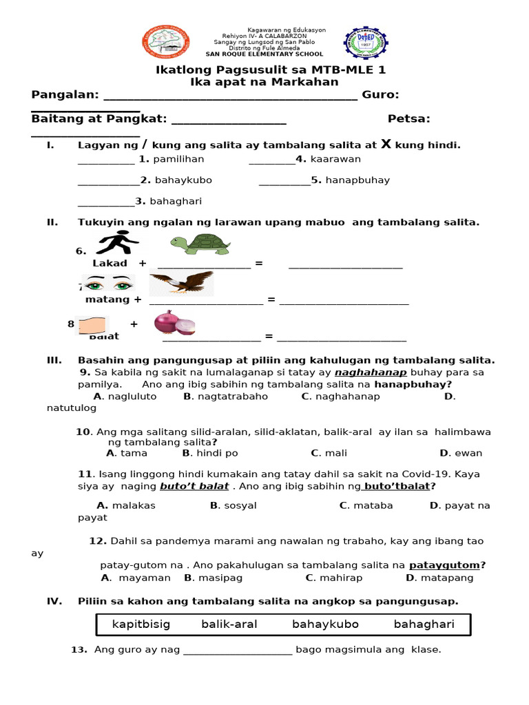 Q4 3rd WK 5 6 Quiz MTB Filipino | PDF