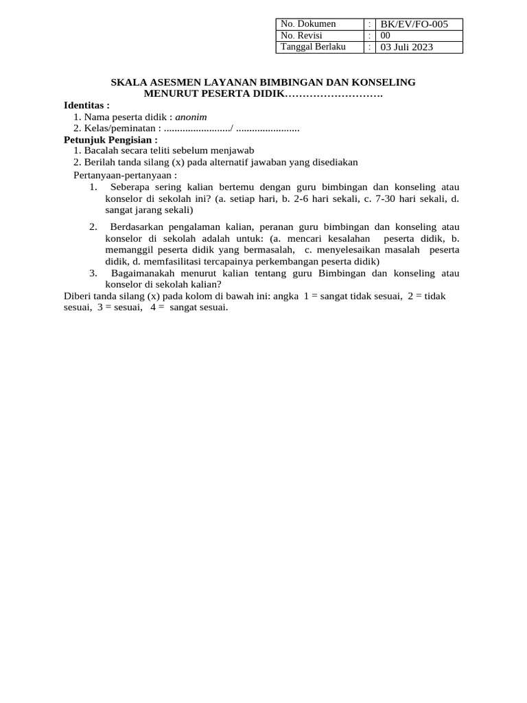 FO 05 - Skala Asesmen Layanan Bimbingan Dan Konseling | PDF