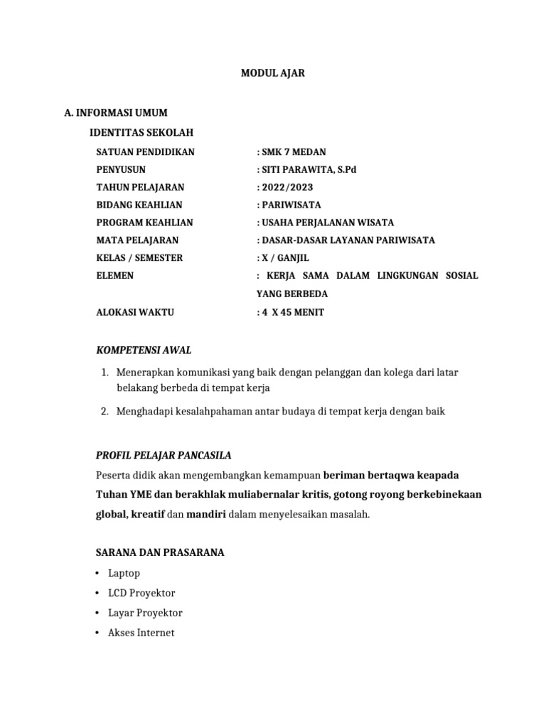 Latar Belakang Modul Ajar Pariwisata | PDF | Seni | Pengembangan Diri