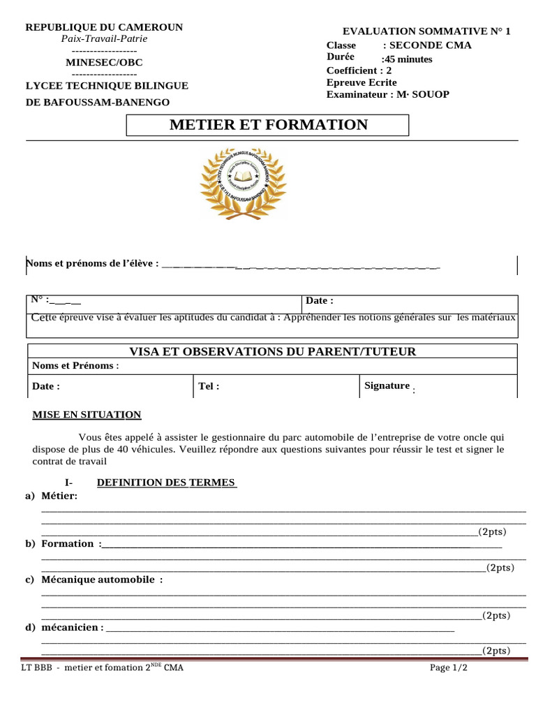 EVALUATION #1 METIER ET FORMATION 2nde CMA | PDF