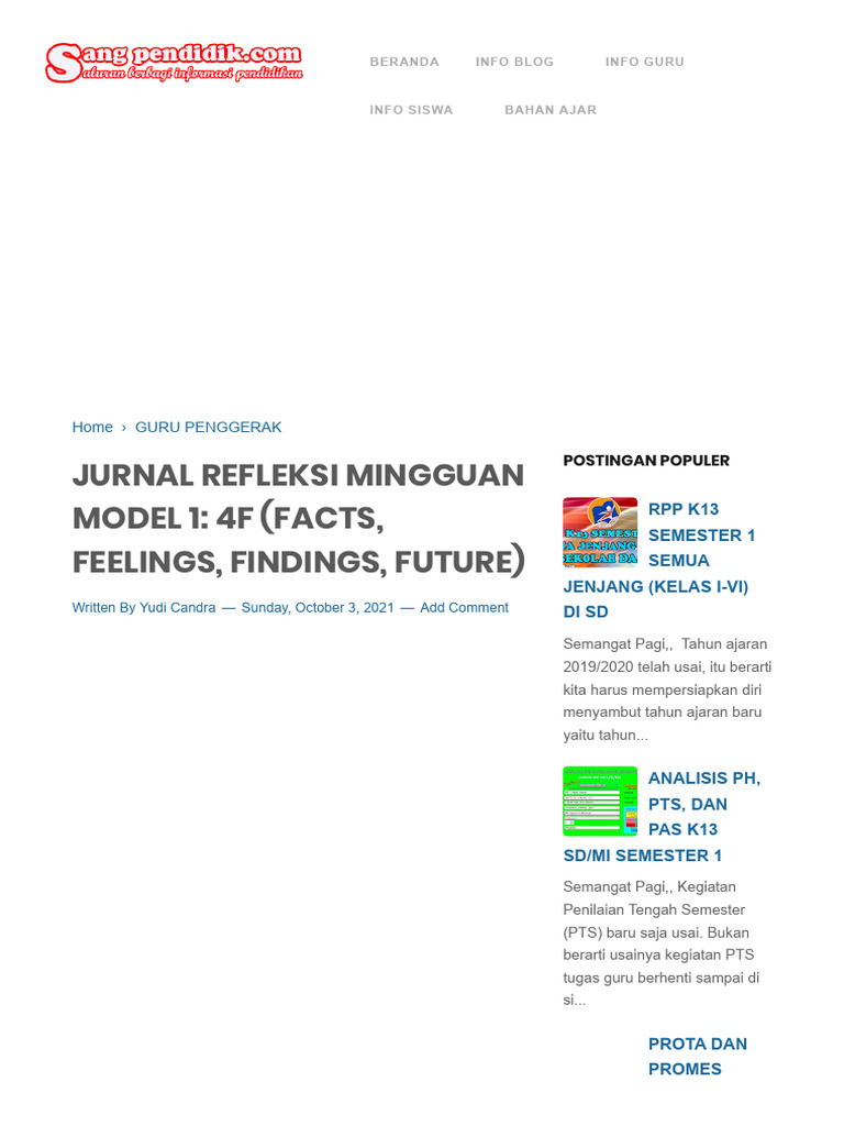 JURNAL REFLEKSI MINGGUAN MODEL 1 - 4F (FACTS, FEELINGS, FINDINGS, FUTURE) - Sang Pendidik | PDF