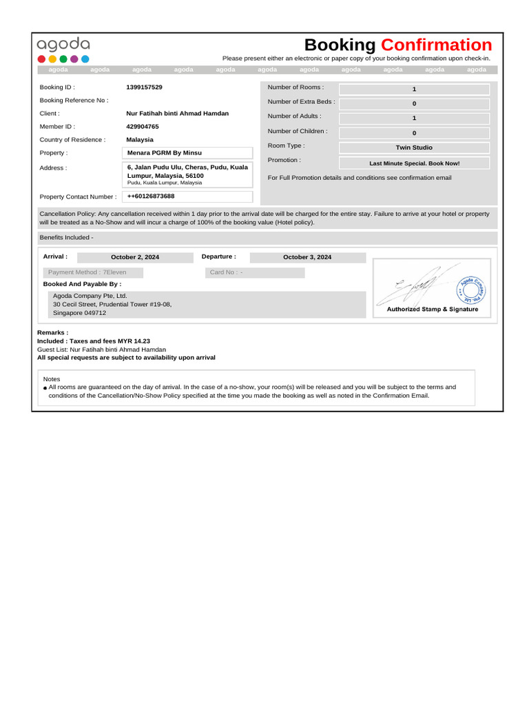 Confirmation for Booking ID # 1399157529 | PDF