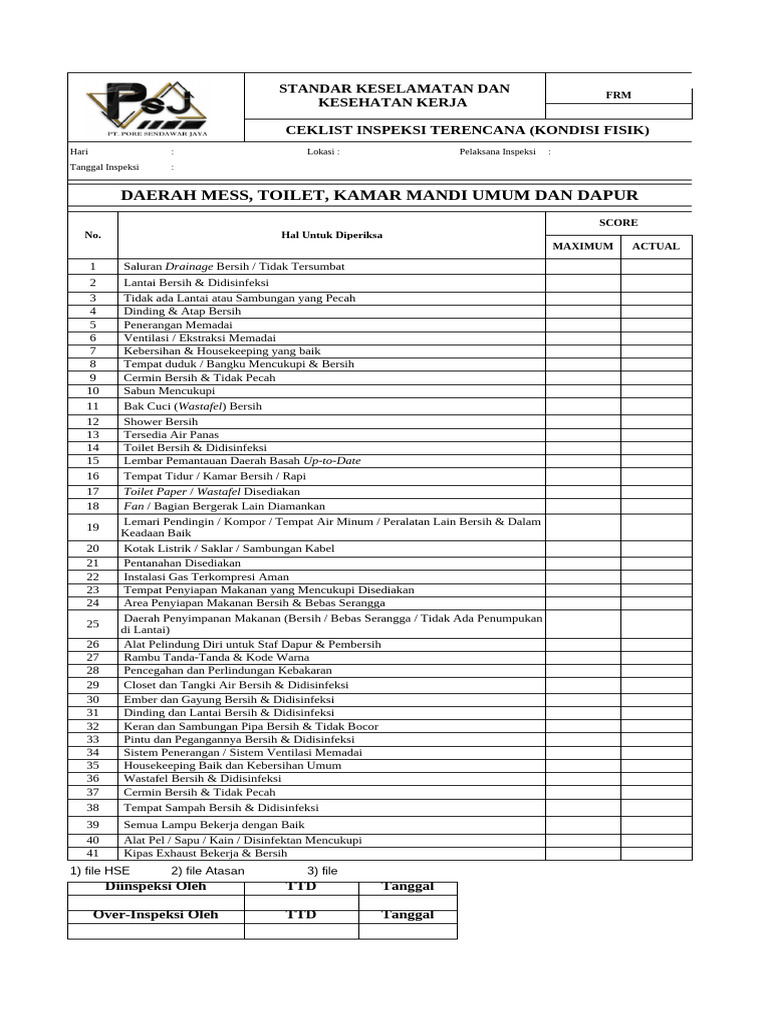 PSJ-SAF-110030-R0 - Form Inspeksi Terencana Mess, Dapur Dan Toile | PDF