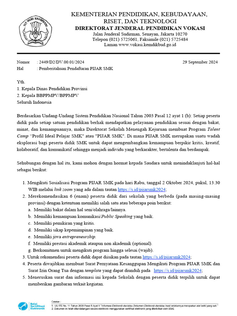 Surat Undangan Sosialisasi Program PIJAR SMK | PDF