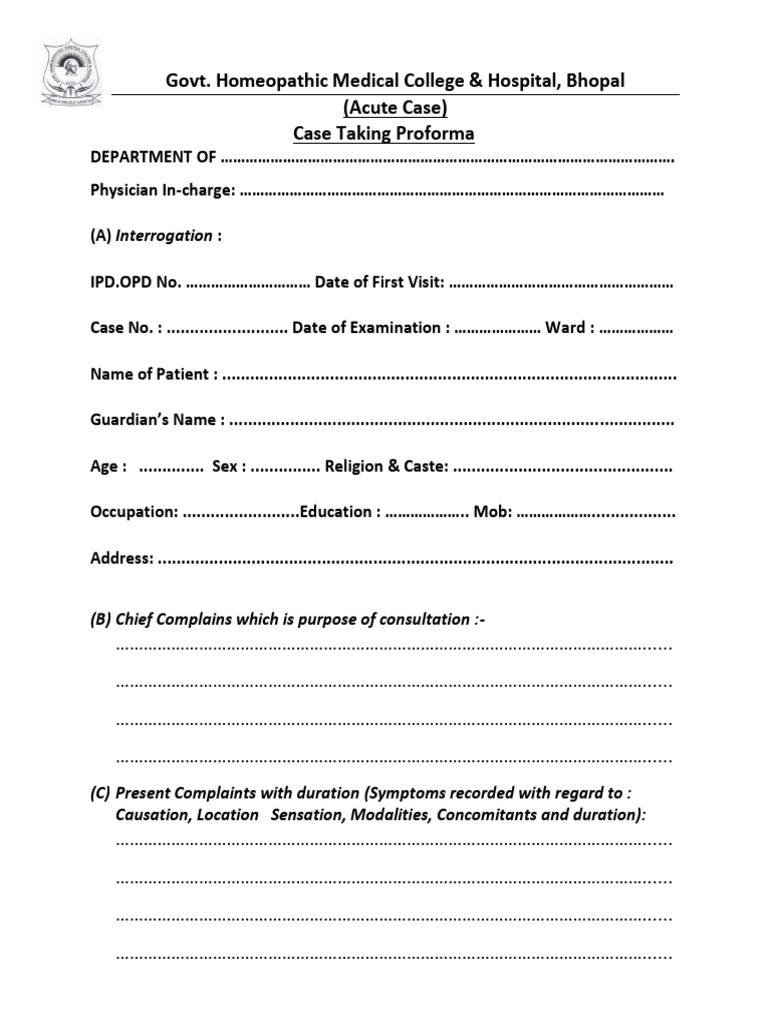 (Acute Case) Proforma (1) - 1 | PDF | Diseases And Disorders | Medical ...