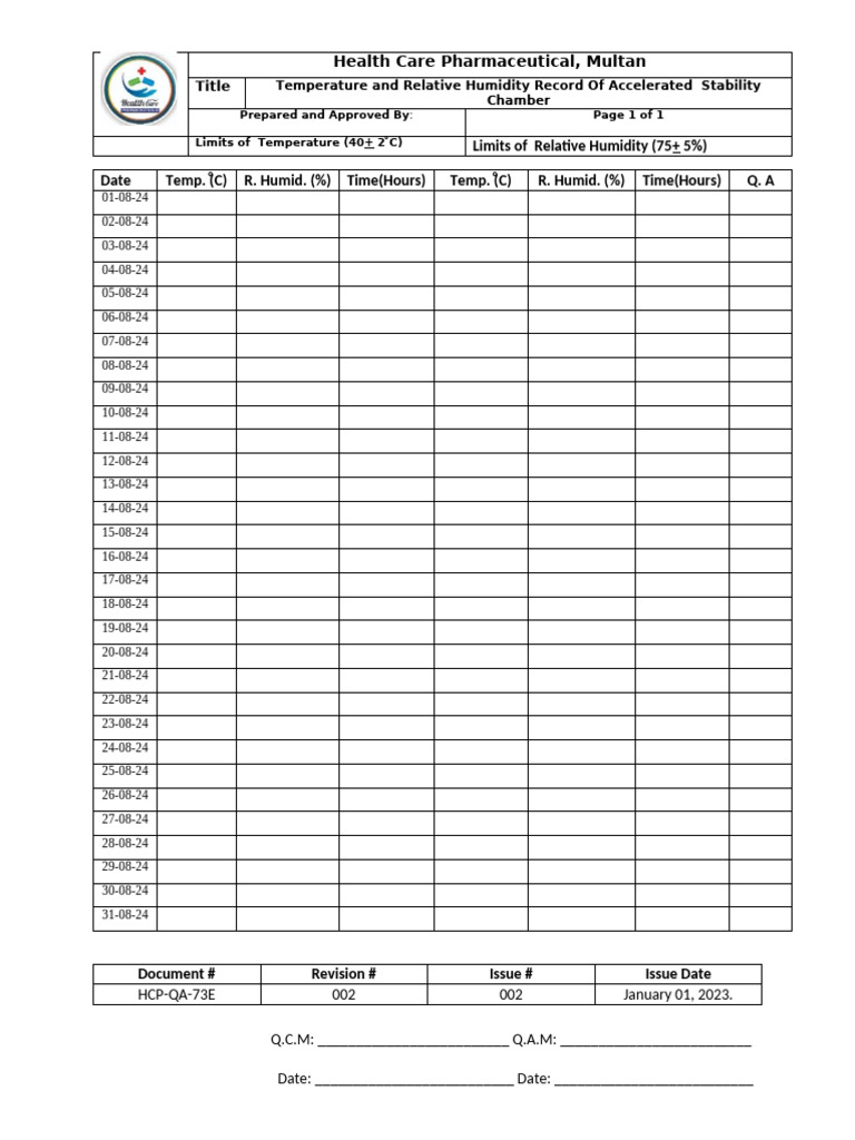 Accelerated Stability Chamber Temperature & Humidity Log Book | PDF