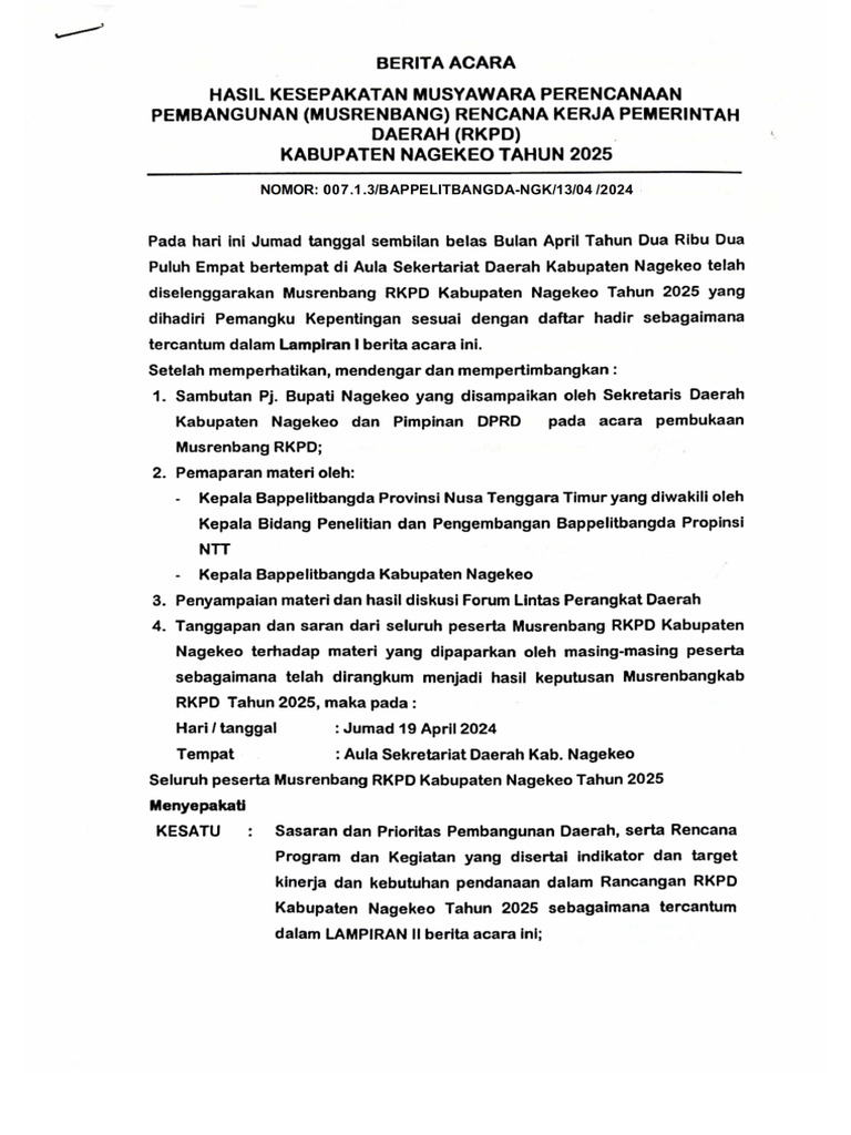 BERITA ACARA MUSRENBANGKAB RKPD 2025 - Sisilia Kollo | PDF
