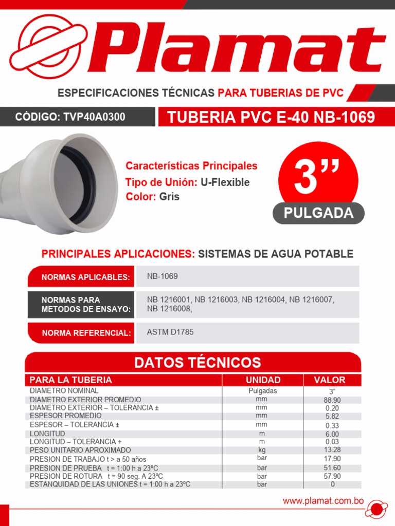 FICHA TECNICA TUBERIAS PVC E-40 3 PLAMAT | PDF
