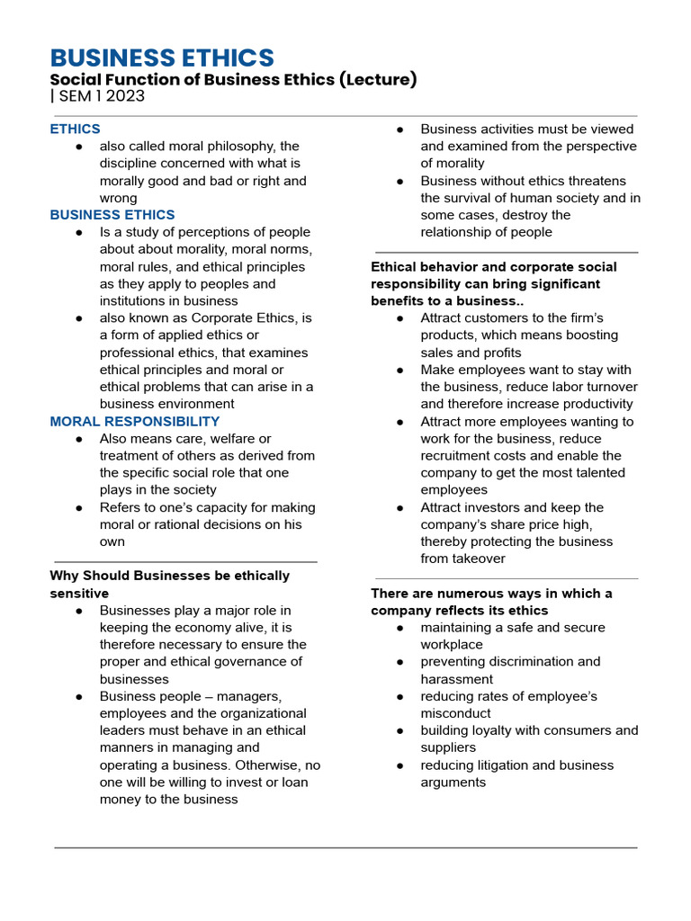 Social Function of Business Ethics | PDF