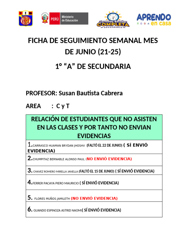 Ficha Semanal 1 A, 21 - 25 de Junio | PDF