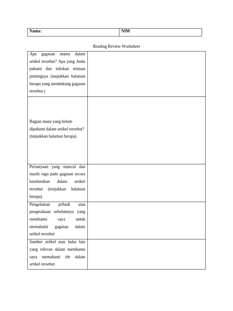 Reading Review Worksheet Template | PDF
