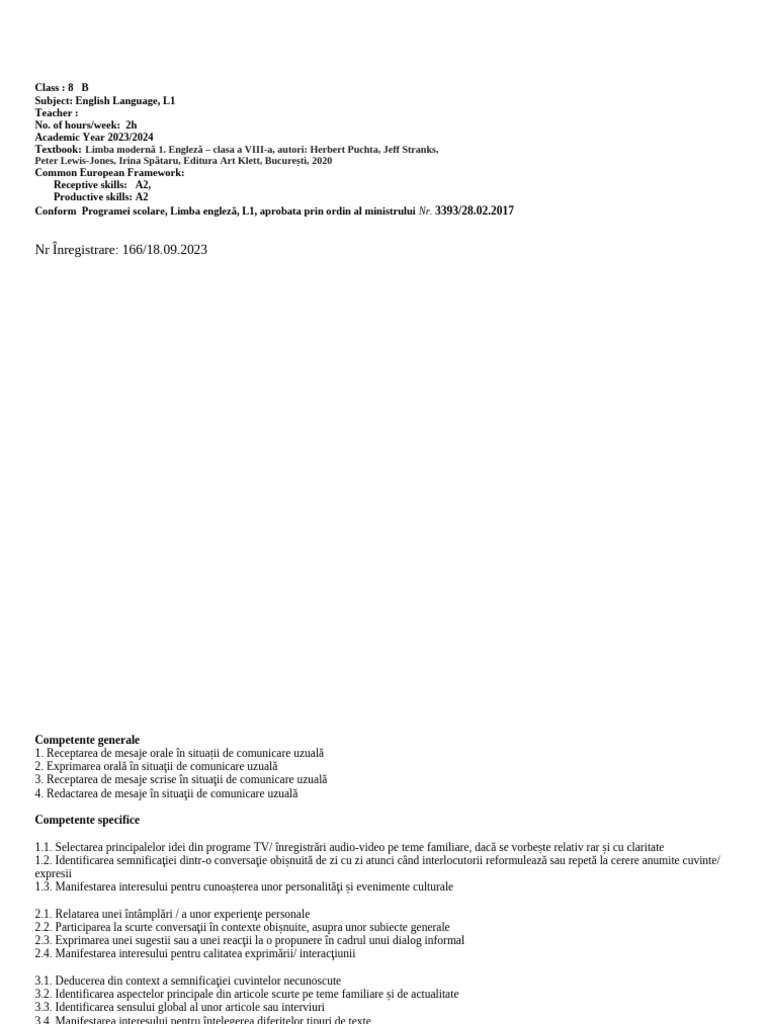 Clasa A8a Plan Cal | PDF