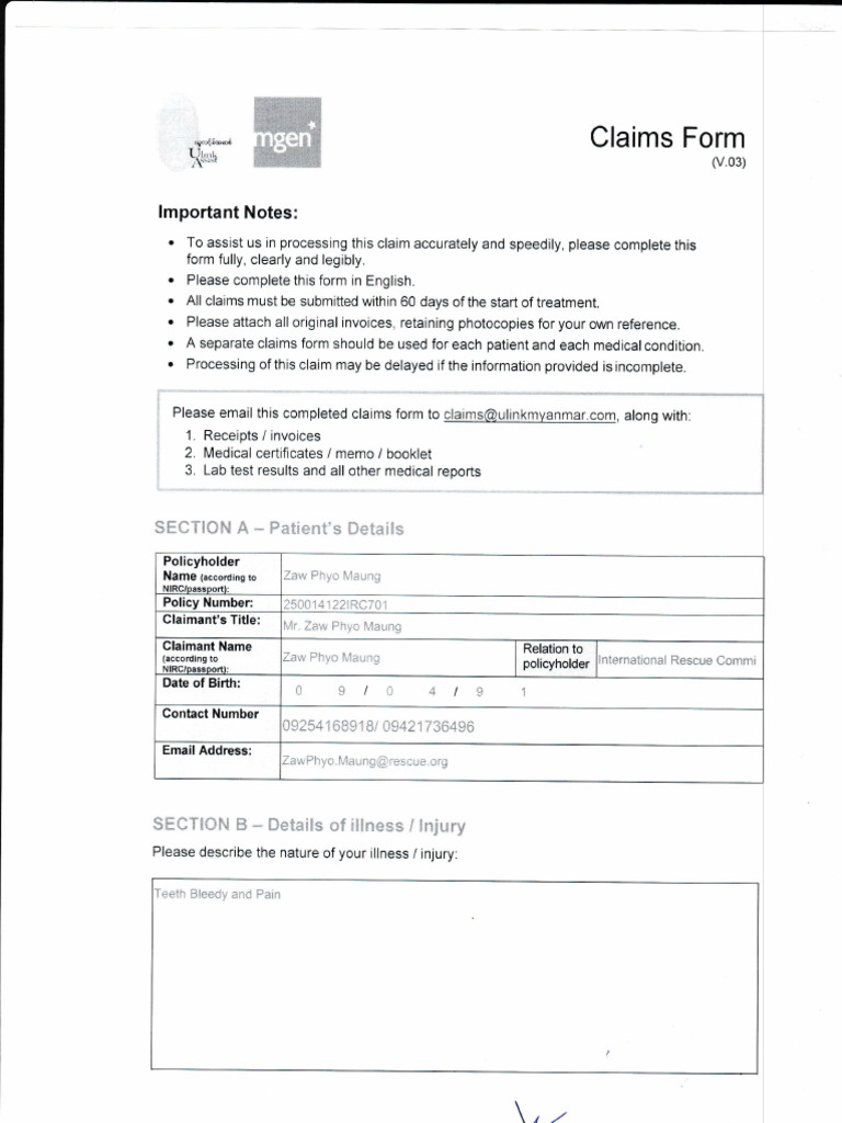 Claims Form For Zaw Phyo Maung | PDF