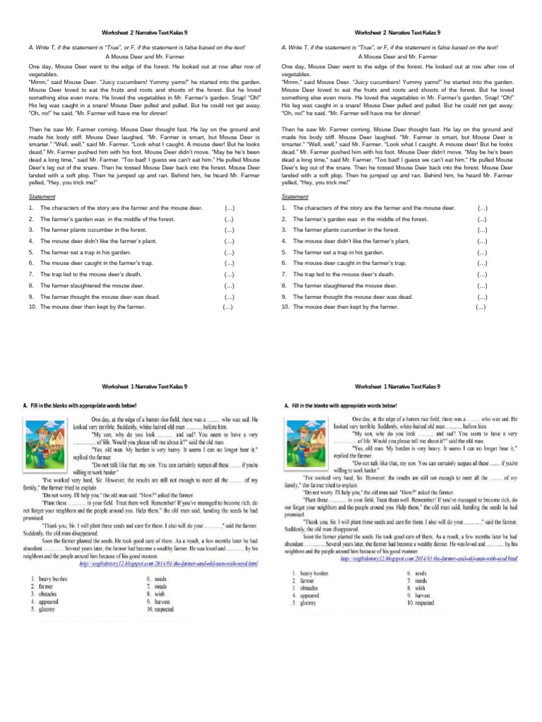 Worksheet 2 Narrative Text Kelas 9 | PDF