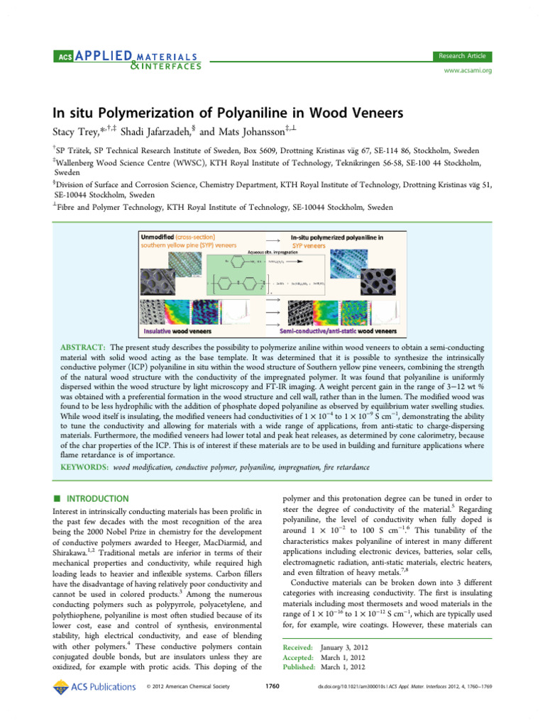 Trey Et Al 2012 in Situ Polymerization of Polyaniline in Wood Veneers | PDF