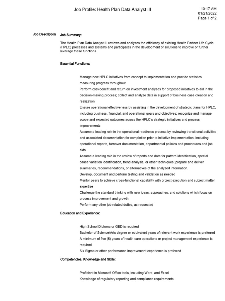 Health Plan Data Analyst III | PDF