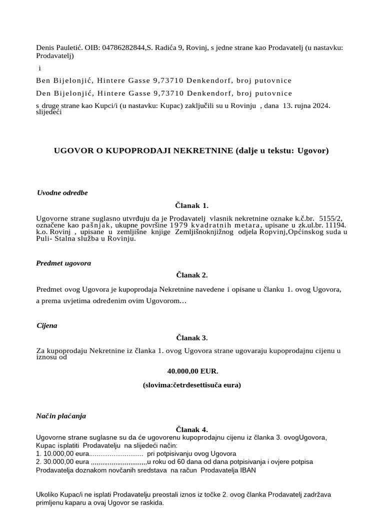 Ugovor o Kupoprodaji Nekretnine (1) .Docx PAULETIĆ | PDF