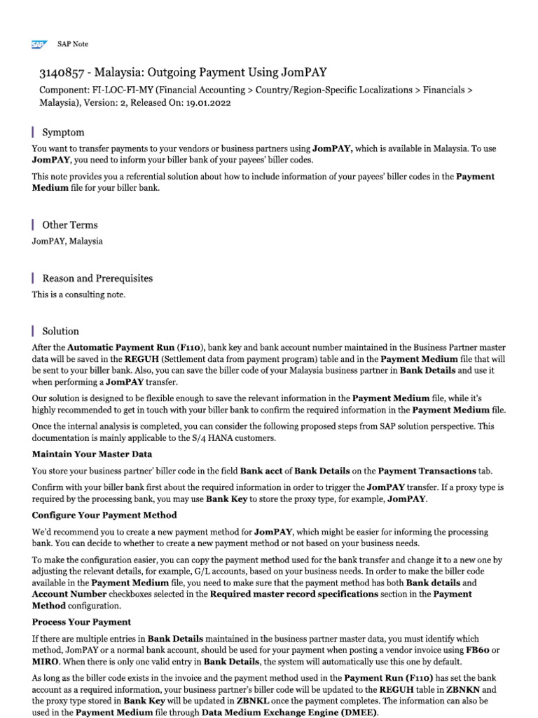 Malaysia Outgoing Payment Using JomPAY | PDF