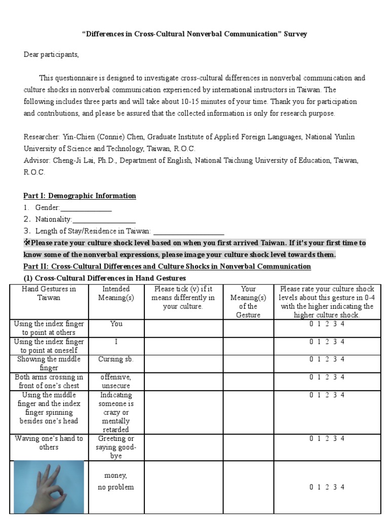 Cross-Cultural Nonverbal Communication Survey | PDF | Gesture | Facial ...