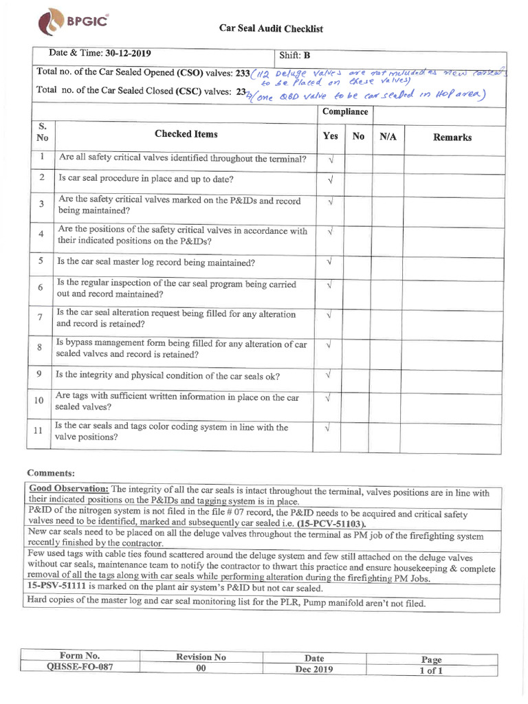 Car Seal Audit | PDF