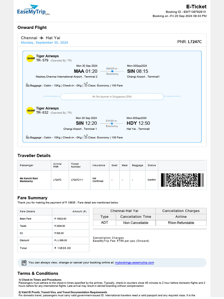 EaseMyTrip Flight E-Ticket For Flights | PDF