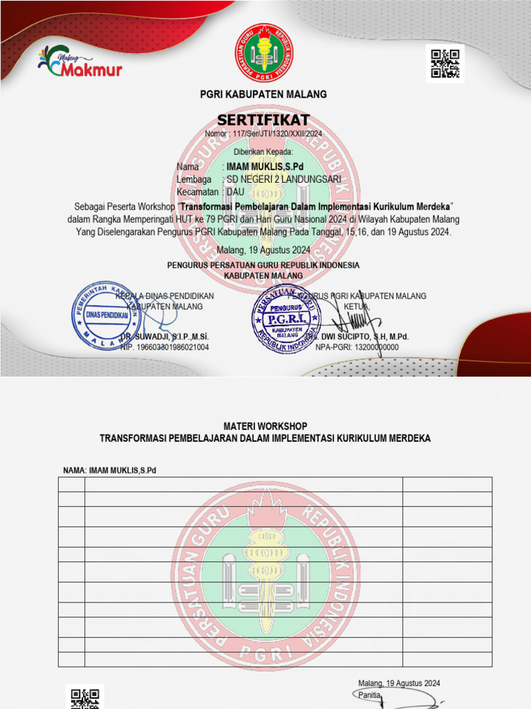 IMAM MUKLIS - Sertifikat WS SD Dau | PDF