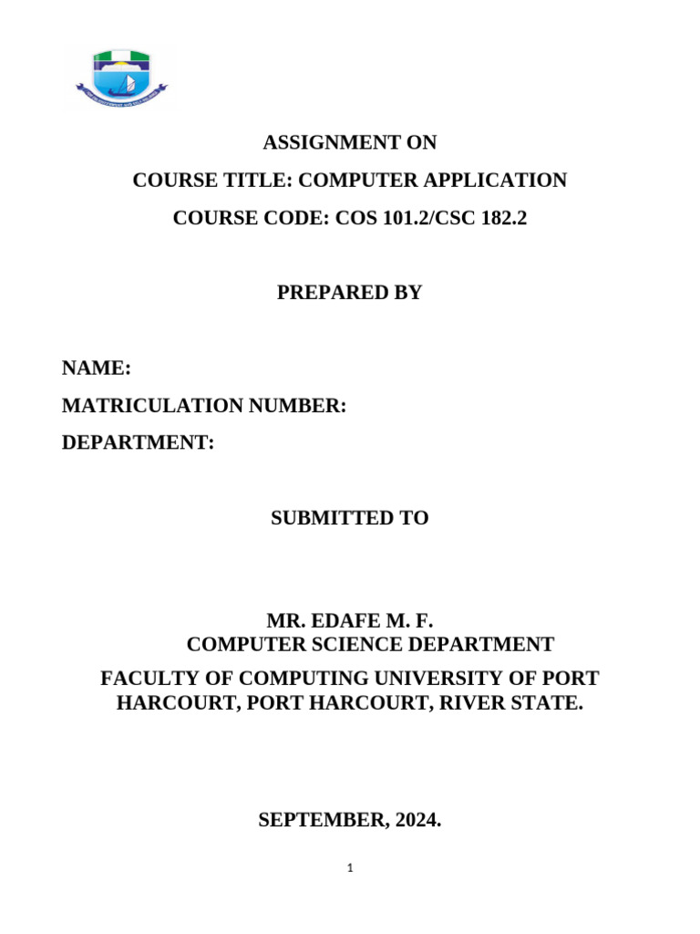 Computer Applications Assignment COS 101.2 | PDF | Microsoft Excel | Spreadsheet