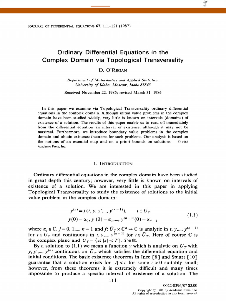 Ordinary Differential Equations in The Complex Domain Via Topological Transversality | PDF
