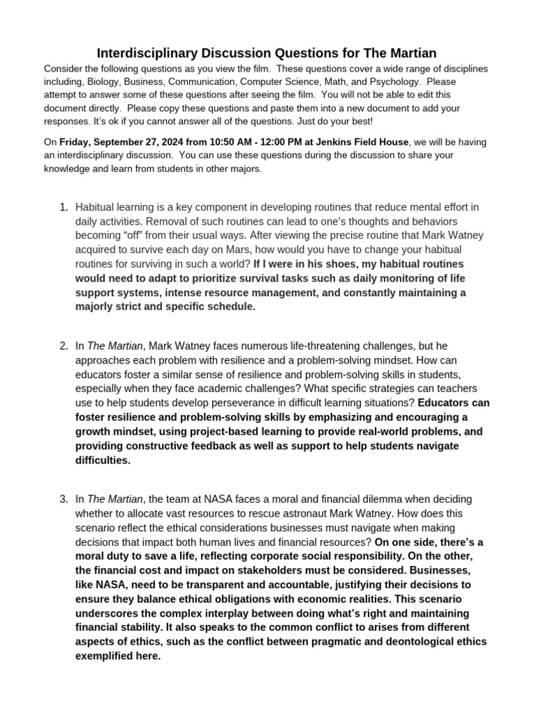 Interdisciplinary Discussion Questions For The Martian Work | PDF ...