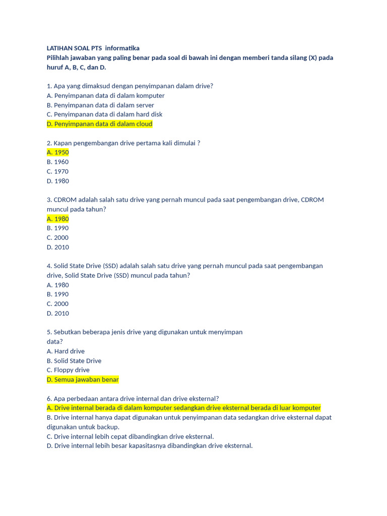 LATIHAN SOAL PTS Informatika Kelas 8 Sms 1 | PDF