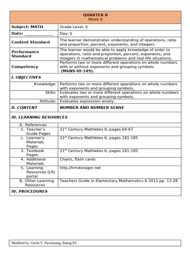 Quarter Ii Subject: Math Date: - Content Standard Performance Standard ...