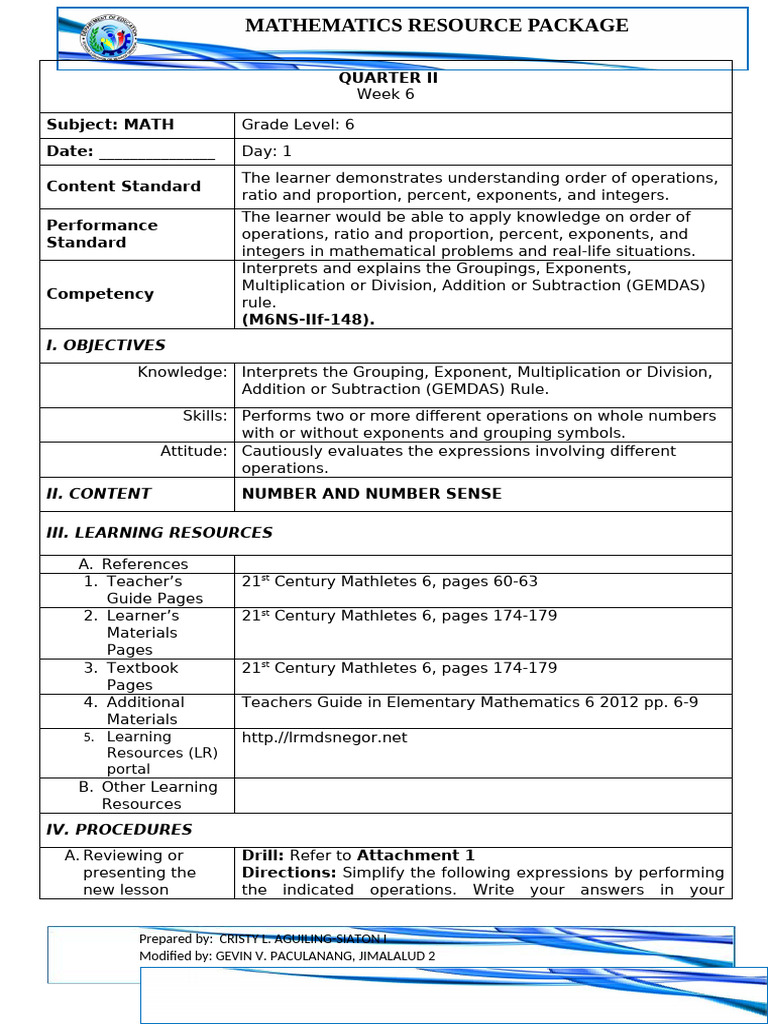 Quarter Ii Subject: MATH Date: - Content Standard Performance Standard | PDF