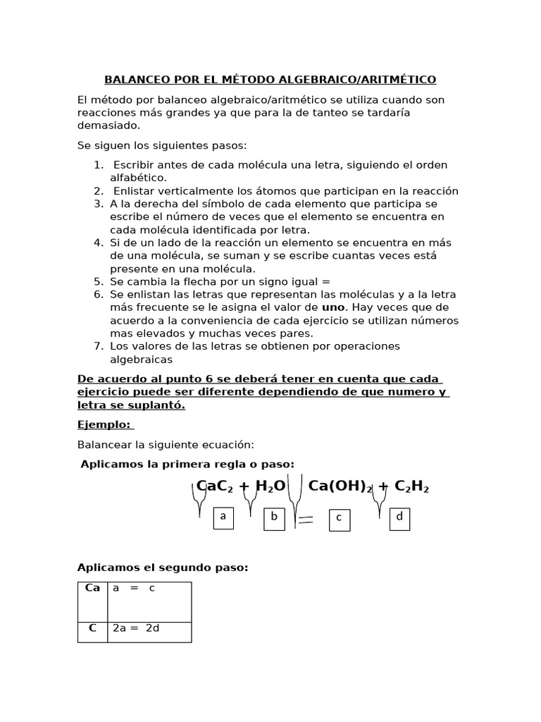 Balanceo Algebraico de Ecuaciones Químicas | PDF
