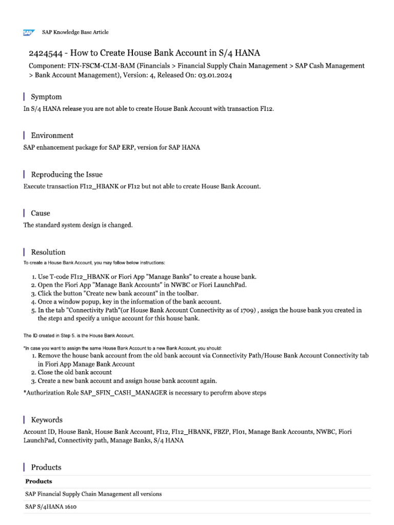 How To Create House Bank Account in S4H | PDF