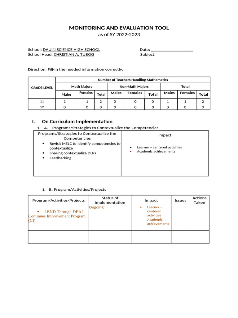 Math-School-MONITORING-AND-EVALUATION-TOOL-2022-2023_SHS_DSHS | PDF