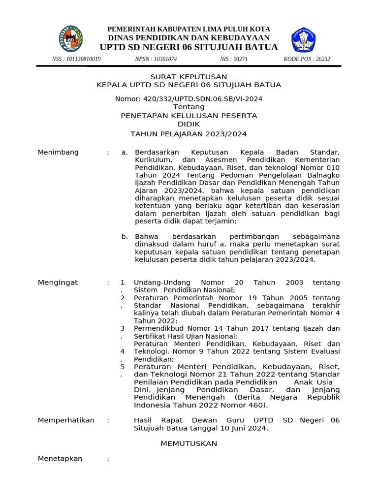 SK KELULUSAN SD TP 2023 2024 | PDF