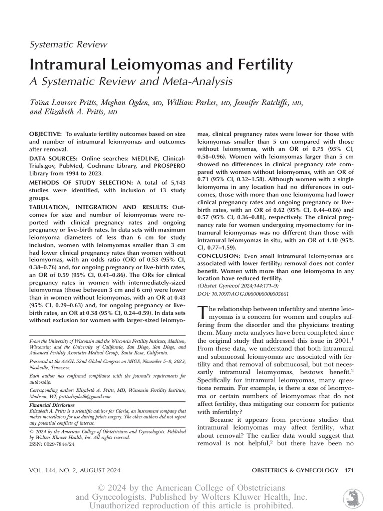 Intramural Leiomyomas and Fertility | PDF