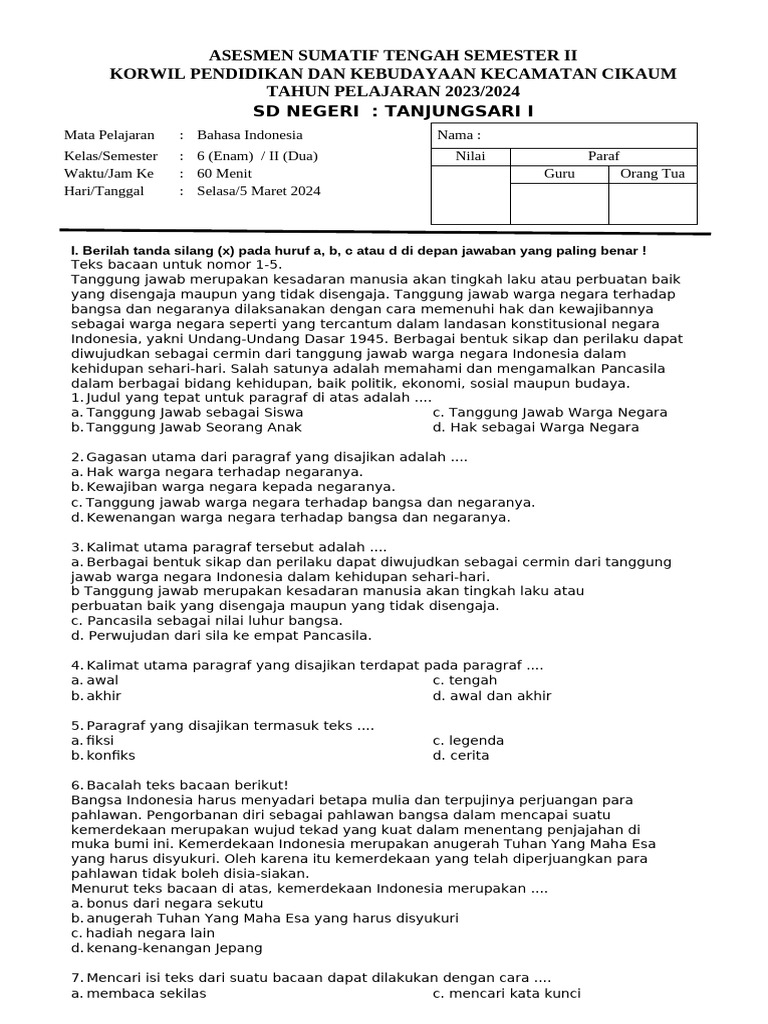 Soal Tema 6 Kelas 6 Semester 2 T.A 2022-2023 Mapel Bahasa Indonesia | PDF