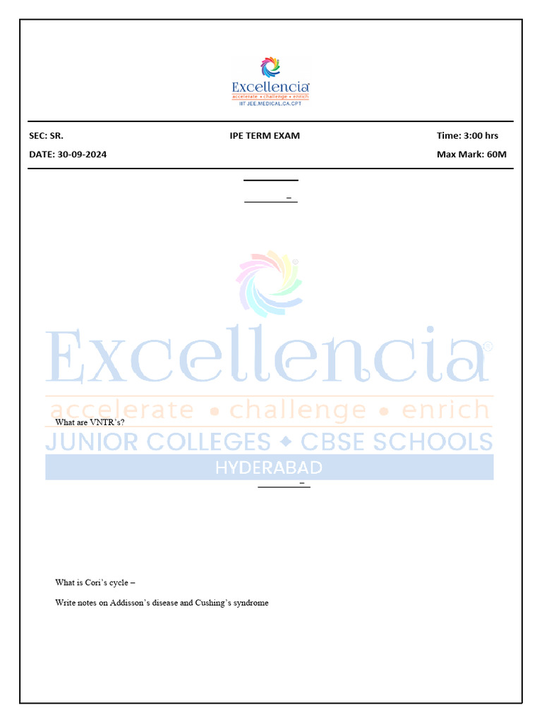 SR Zoology Ipe Term Exam QP 30-09-2024 Final | PDF | Diseases And Disorders | Human Diseases And ...