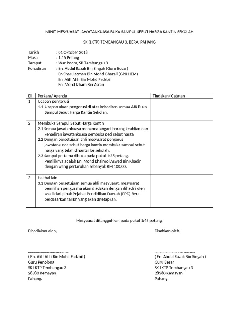 Minit Mesyuarat Jawatankuasa Sebut Harga Kantin SKT3 | PDF