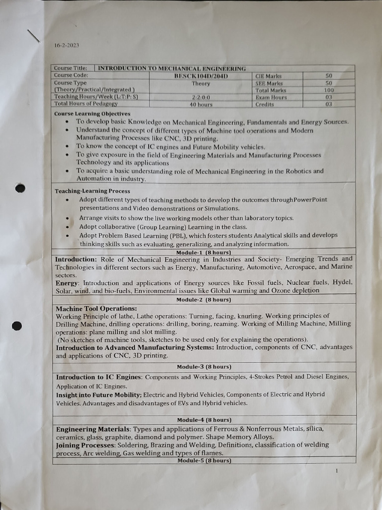 Introduction To Mechanical Engineering Syllabus | PDF | Engineering | Art