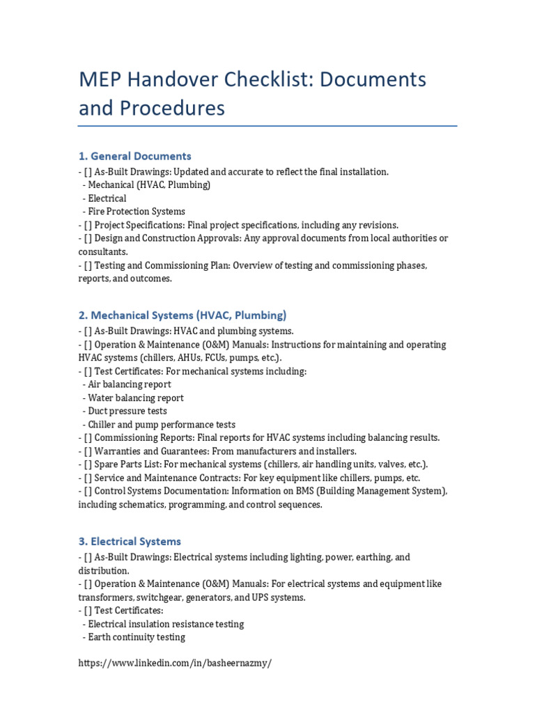 MEP Handover Checklist: Documents and Procedures | PDF