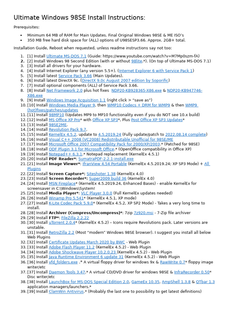 Ultimate Windows 98SE Install Instructions | PDF